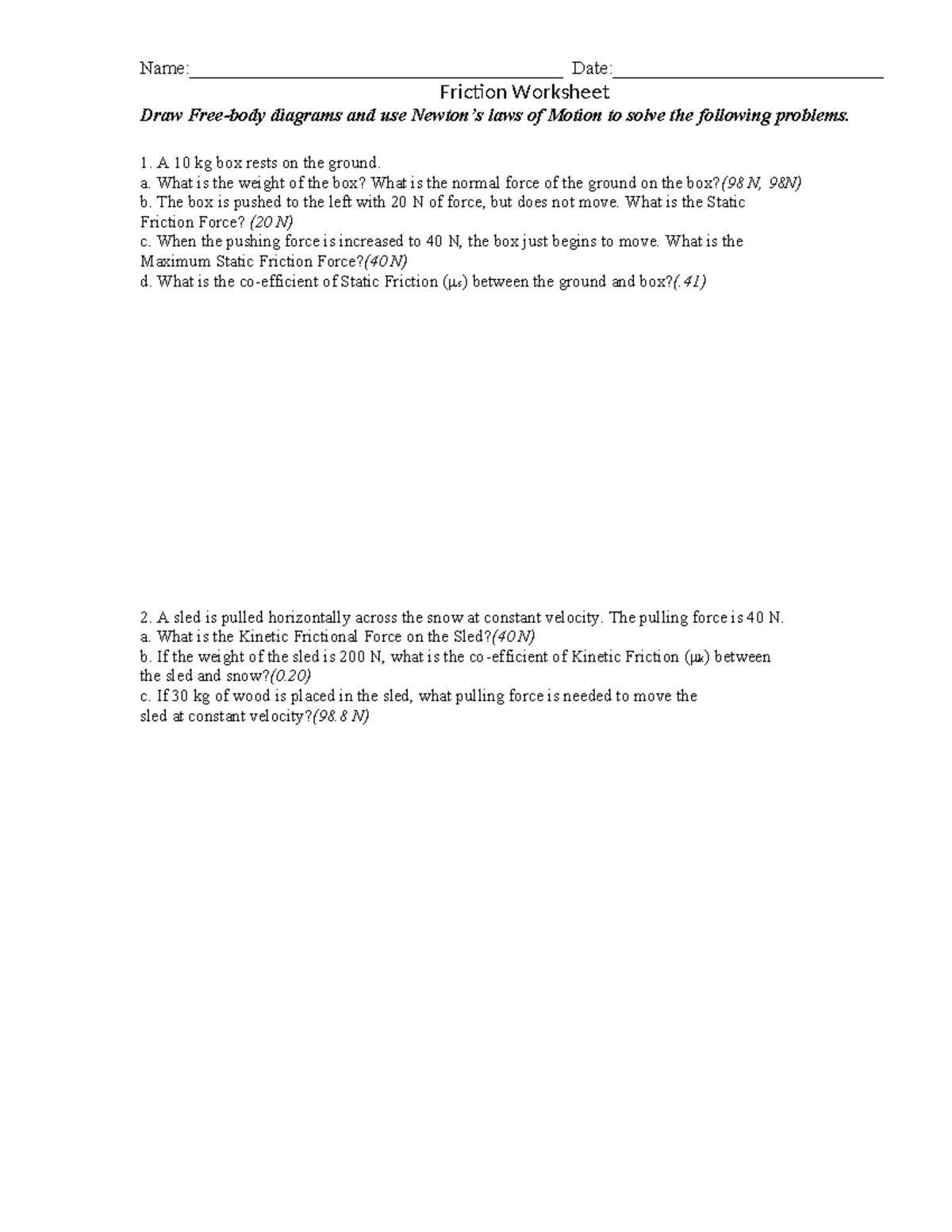 Friction Worksheet 1 - Name ...
