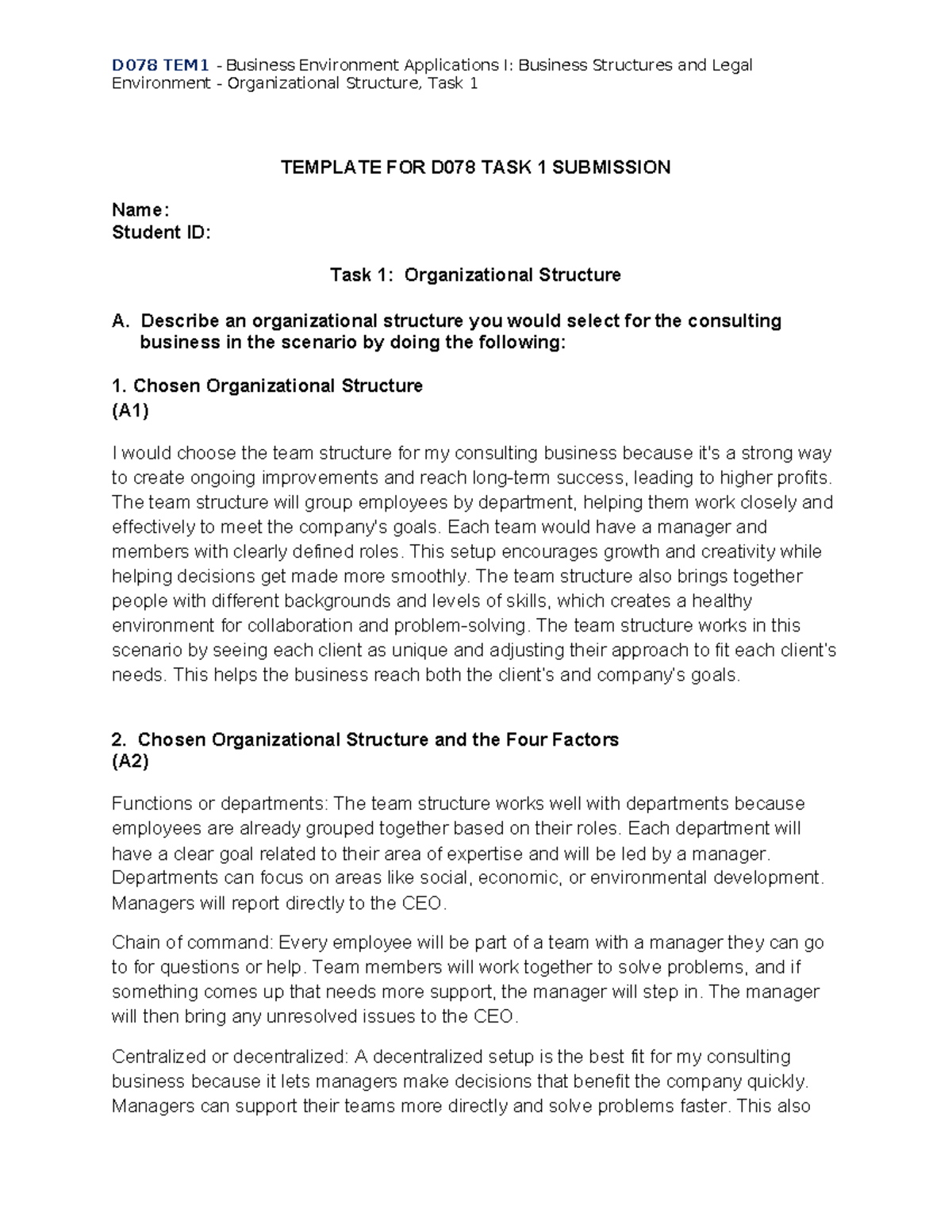 D078 TEM1 Business Environment: Task 1 - Org Structure Analysis - Studocu