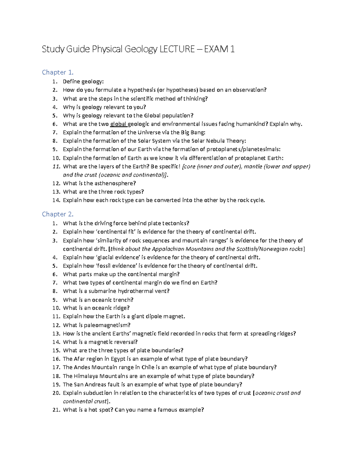 Study Guide PHYSICAL GEOLOGY LECTURE EXAM 1: Key Concepts & Topics ...