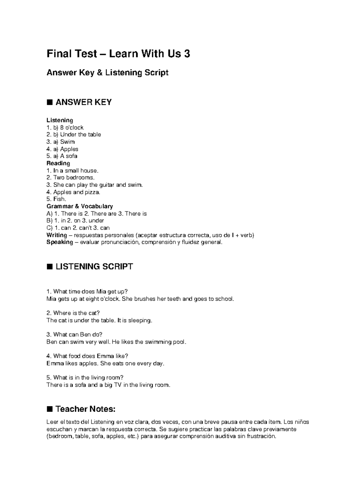 Final Test LwU 3 Answer Key & Listening Script - Studocu