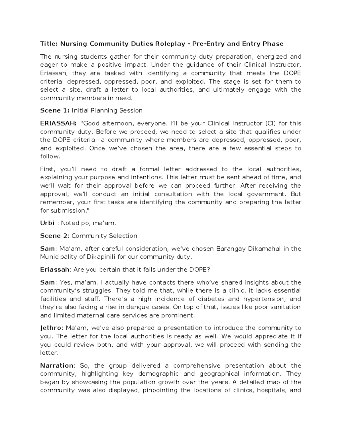 Nursing Community Duty Roleplay: Entry Phase Preparation (NURS 101 ...
