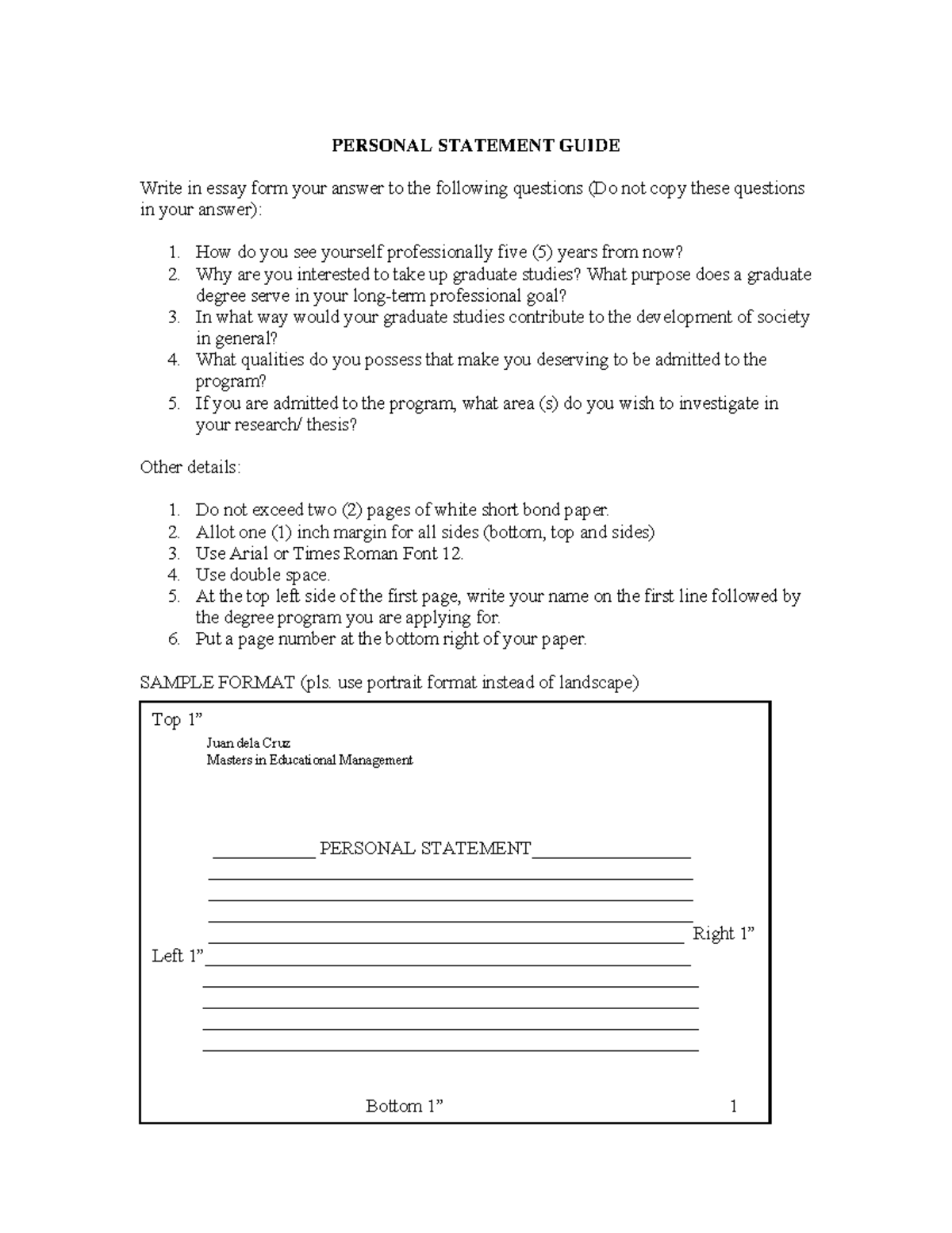 Personal-statement-guide - PERSONAL STATEMENT GUIDE Write in essay form ...