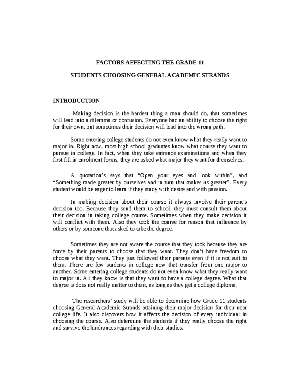 Factors Influencing Grade 11 Students' Choices in General Academic ...
