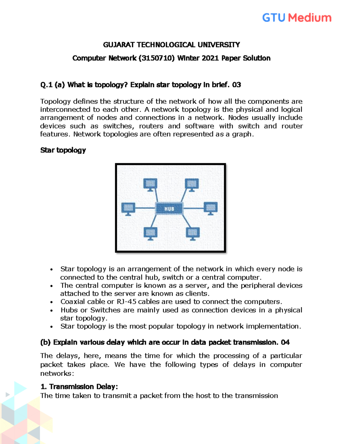 CN Paper Solution ( Winter 2021) - GUJARAT TECHNOLOGICAL UNIVERSITY Computer Network (3150710 ...