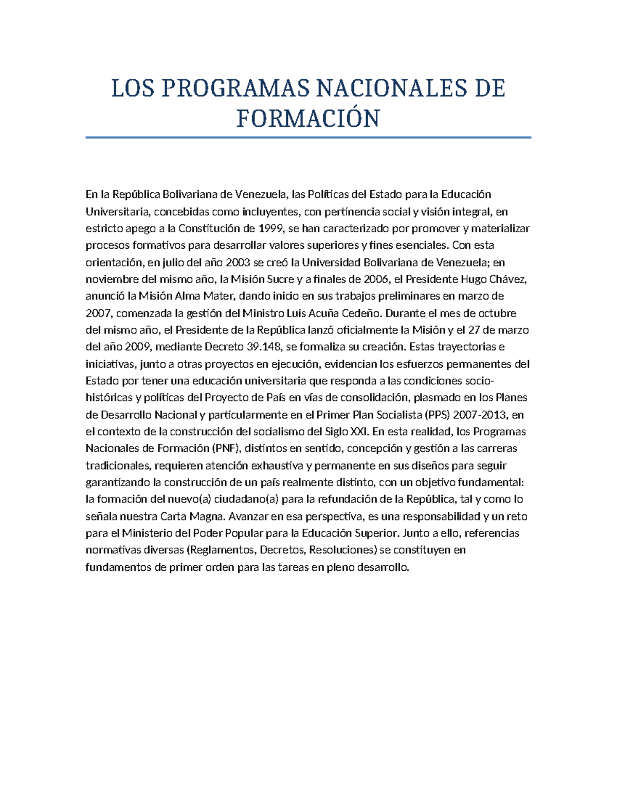 LOS PROGRAMAS NACIONALES DE FORMACIÓN EN VENEZUELA: UN ANÁLISIS - Studocu