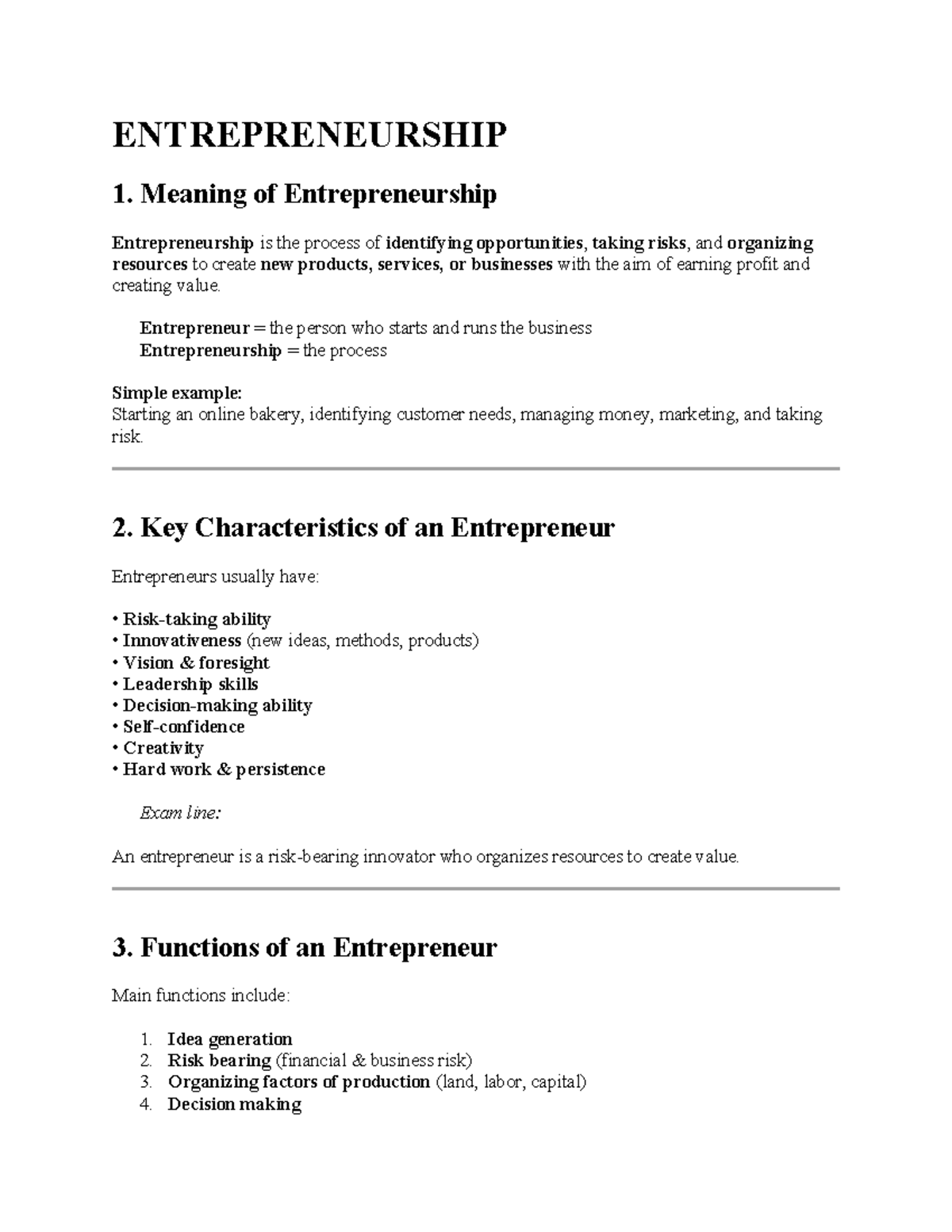 Entrepreneurship 1 - Lecture Notes on Key Concepts and Characteristics ...