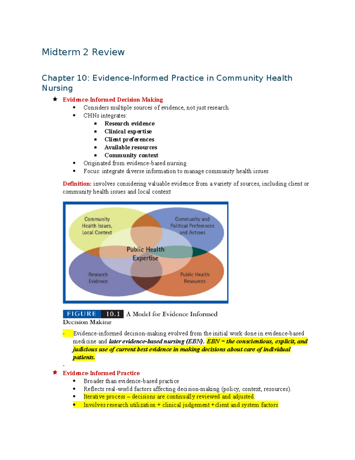 Midterm 2 Review: Community Health Nursing Decision Making and Evidence - Studocu