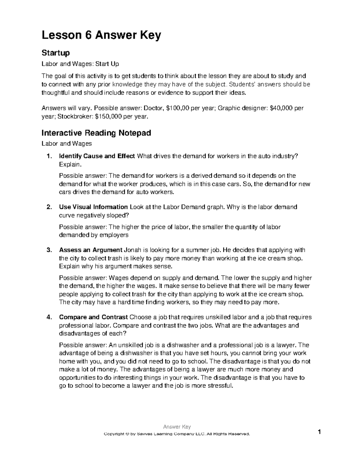 Answer Key for Labor and Wages - Lesson 6 Evaluation - Studocu