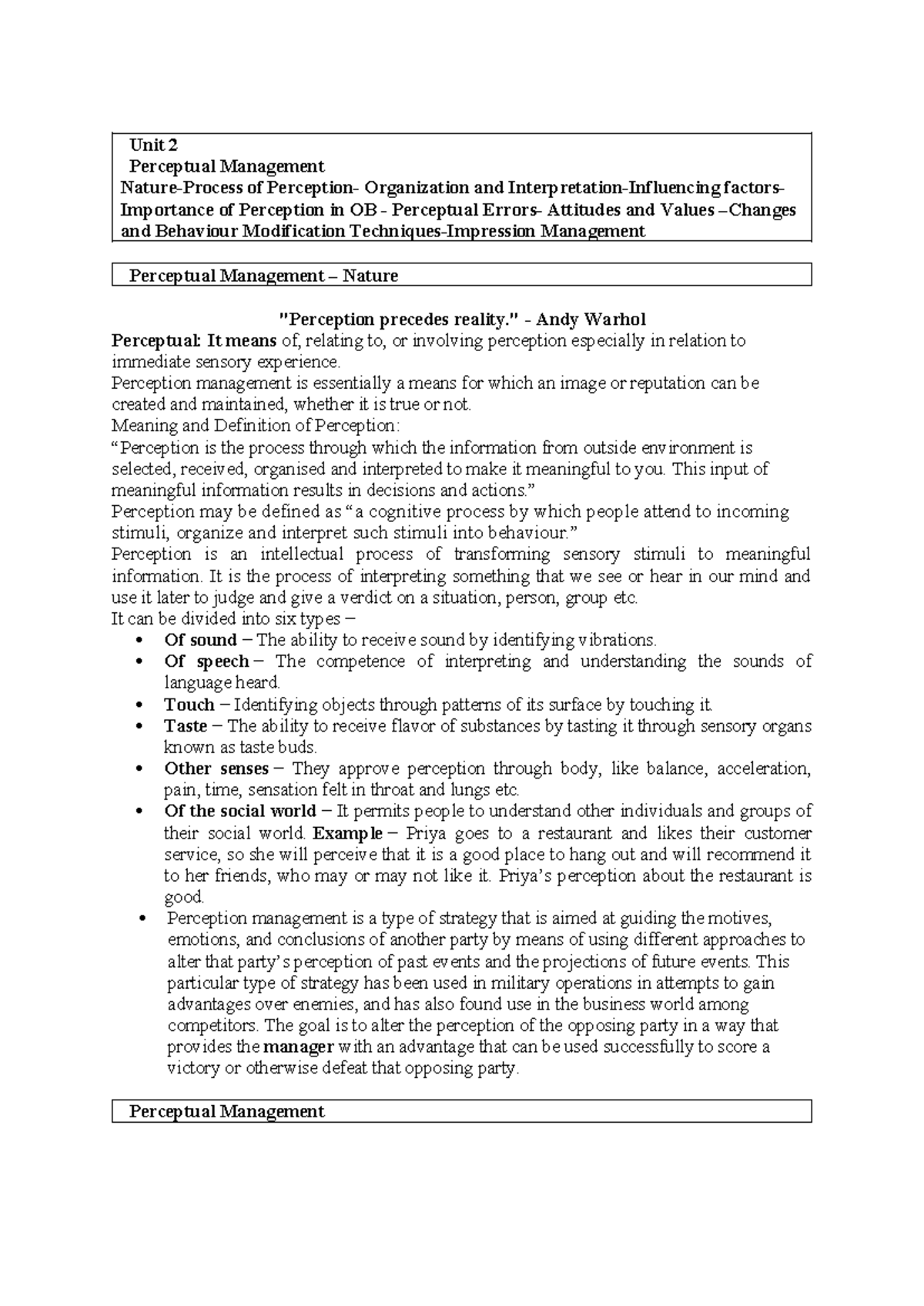 Organizational Behavior Unit 2: Perceptual Management Insights - Studocu