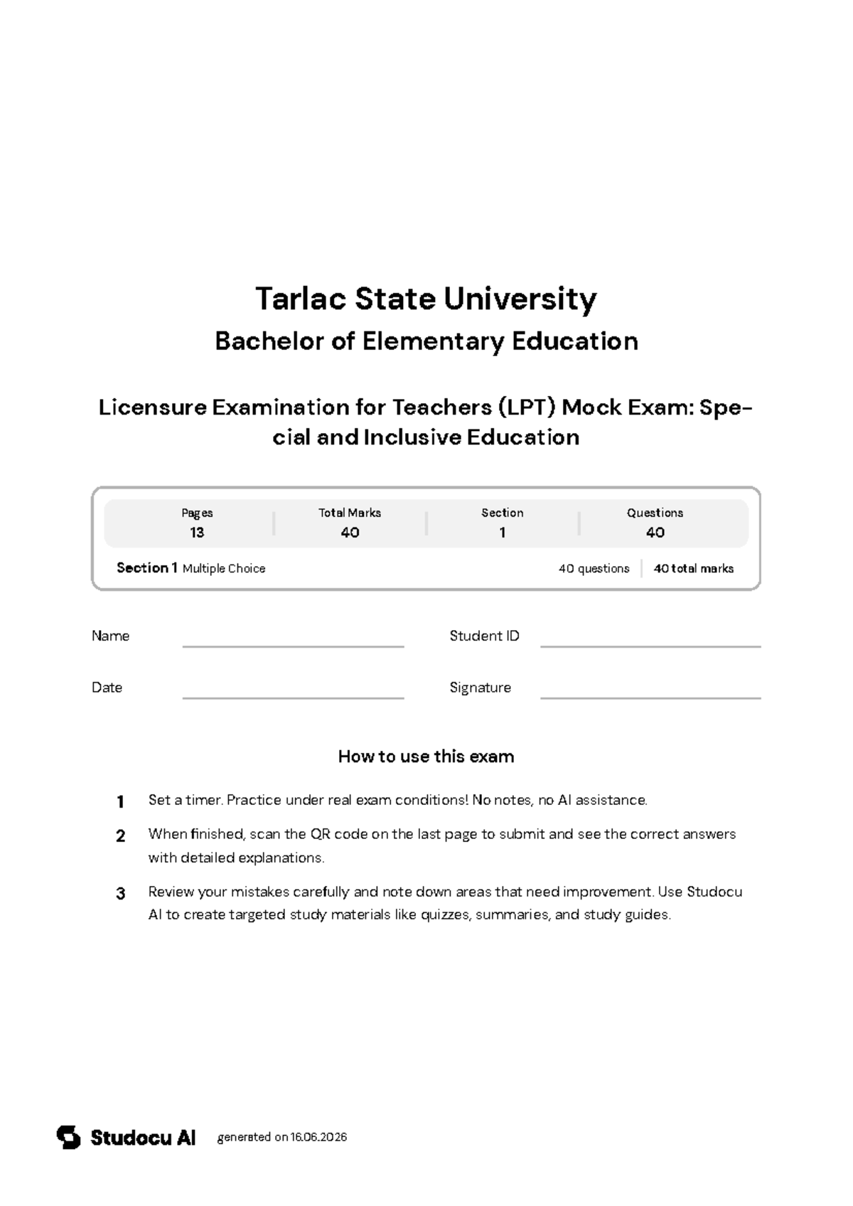 LPT Mock Exam: Special and Inclusive Education - Studocu