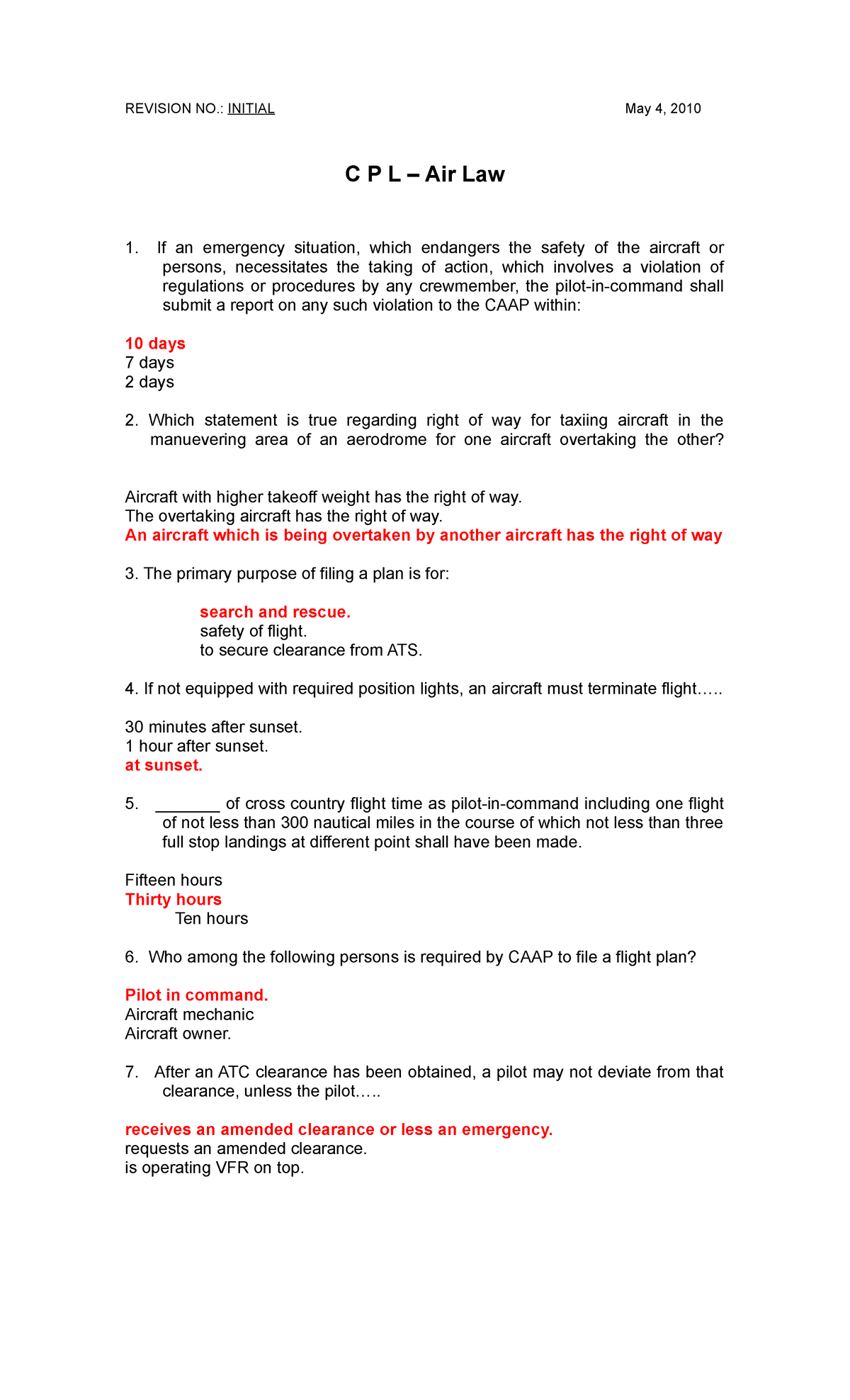 CPL-AIR-LAW - Air Law Exam Practice & Revision Notes - Studocu