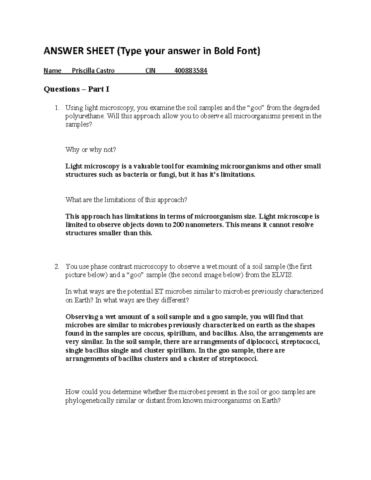 Elvis Microbiology Answer Sheet: Analyzing ET Microbe Isolation & Culture - Studocu