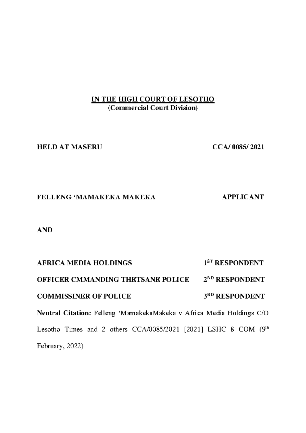 Felleng Mamakeka Makeka v Africa Media Holdings: CCA/0085/2021 Judgment ...