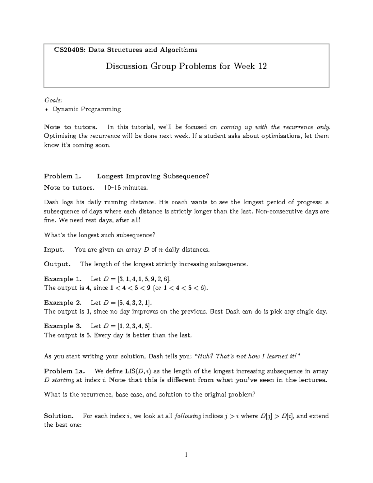 CS2040S: Week 12 Dynamic Programming Problems and Solutions - Studocu