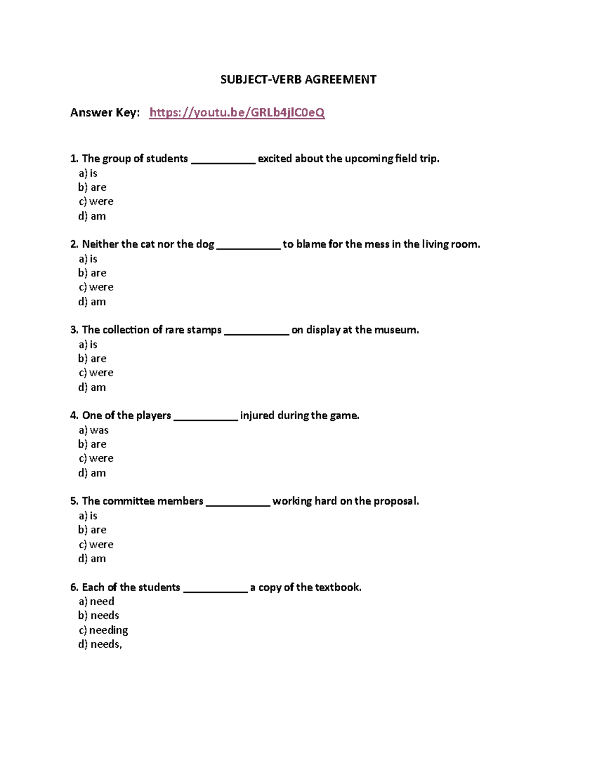 Inbound 653022623924929692 - SUBJECT-VERB AGREEMENT Answer Key: youtu ...