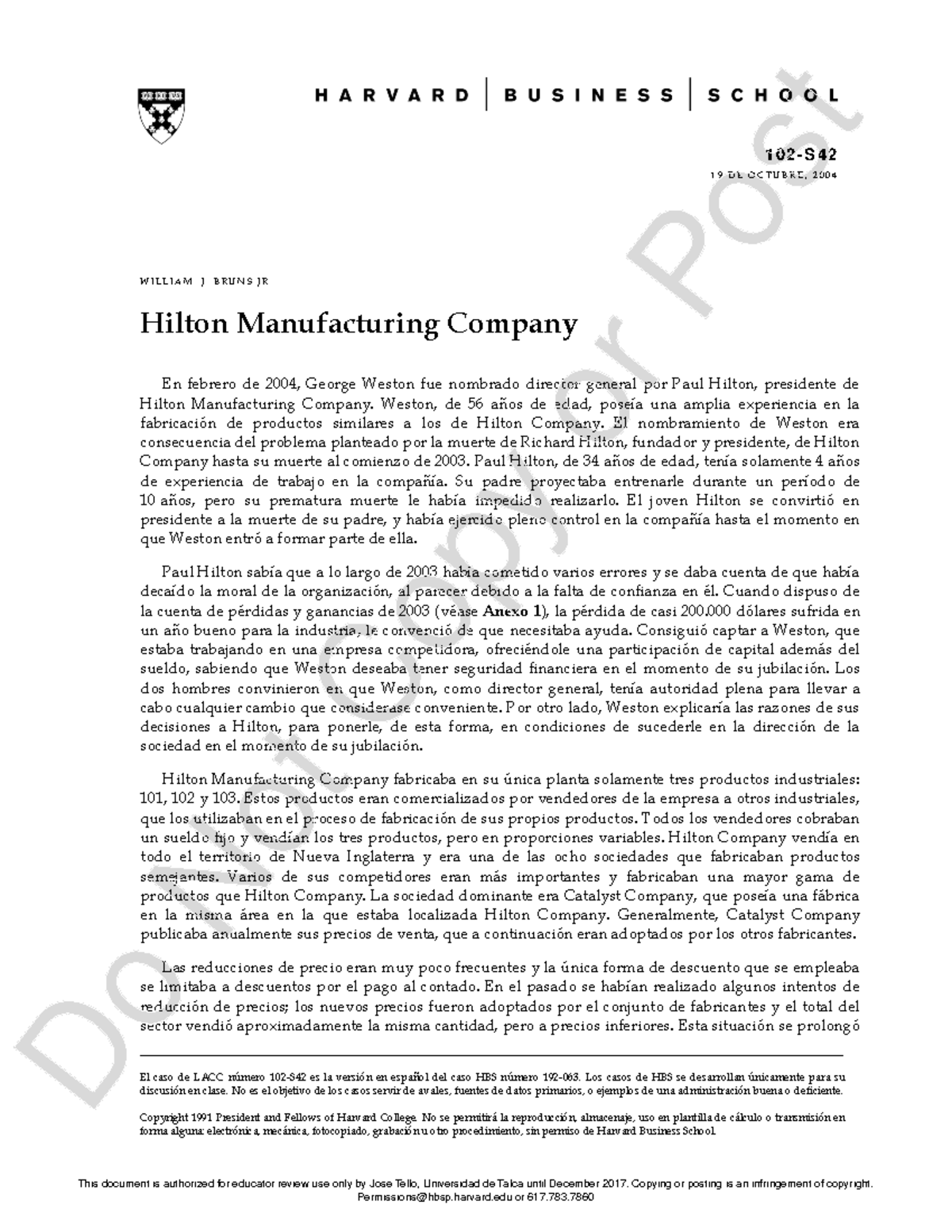 Caso Hilton Manufacturing Company - Análisis y Estrategias (rP os t 1 0 ...