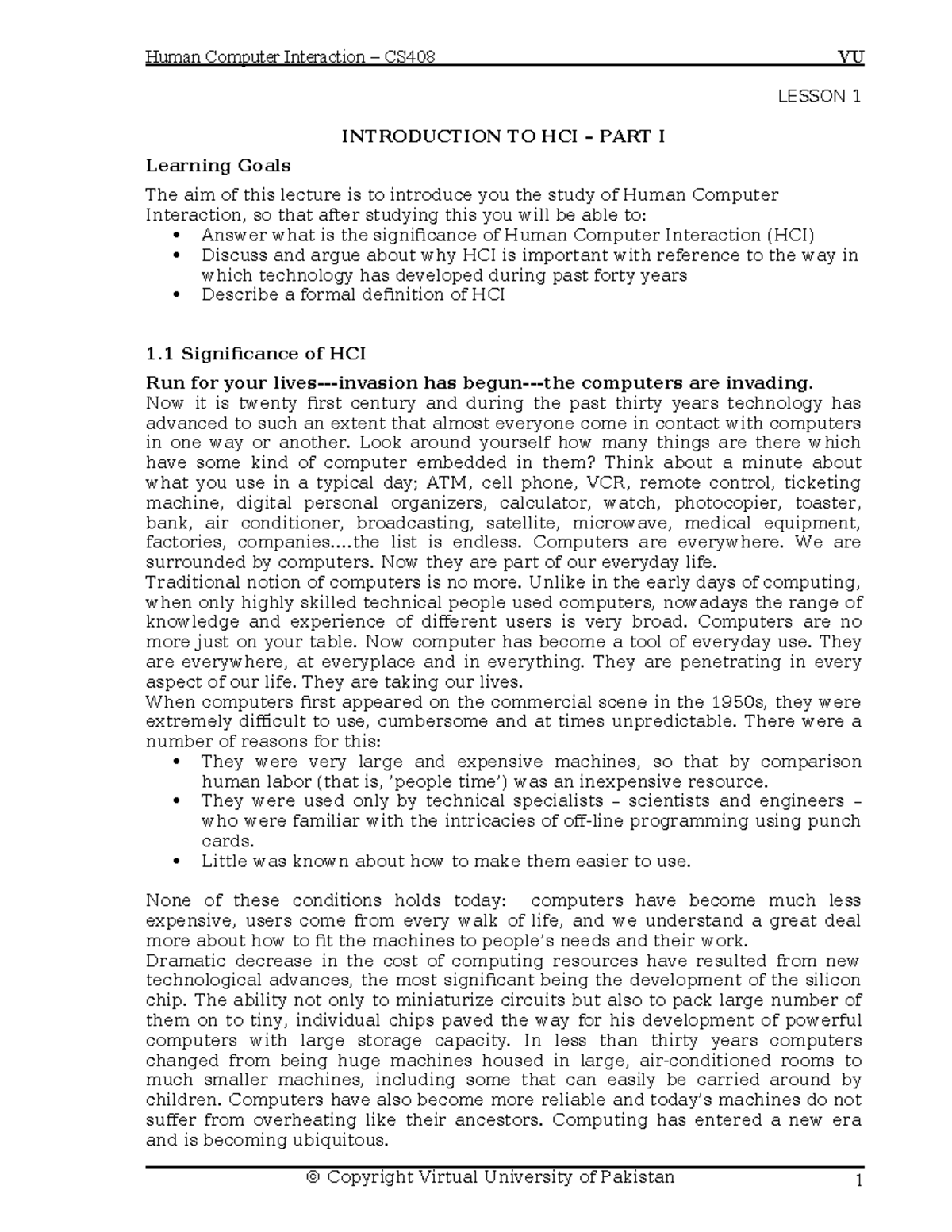Human Computer Interaction CS408 VU Lesson 1: Intro to HCI & Its ...