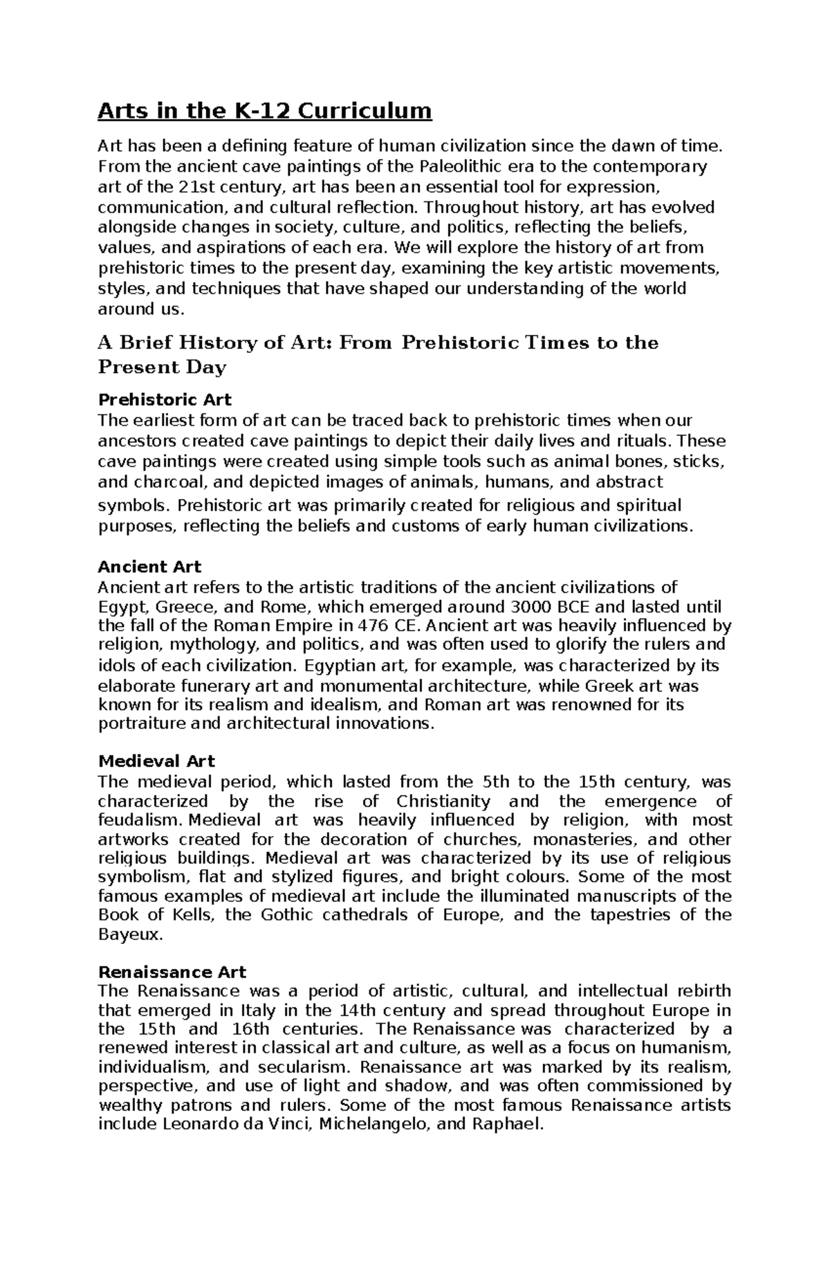 Arts-in-the-K-12-Curriculum - Arts in the K-12 Curriculum Art has been ...