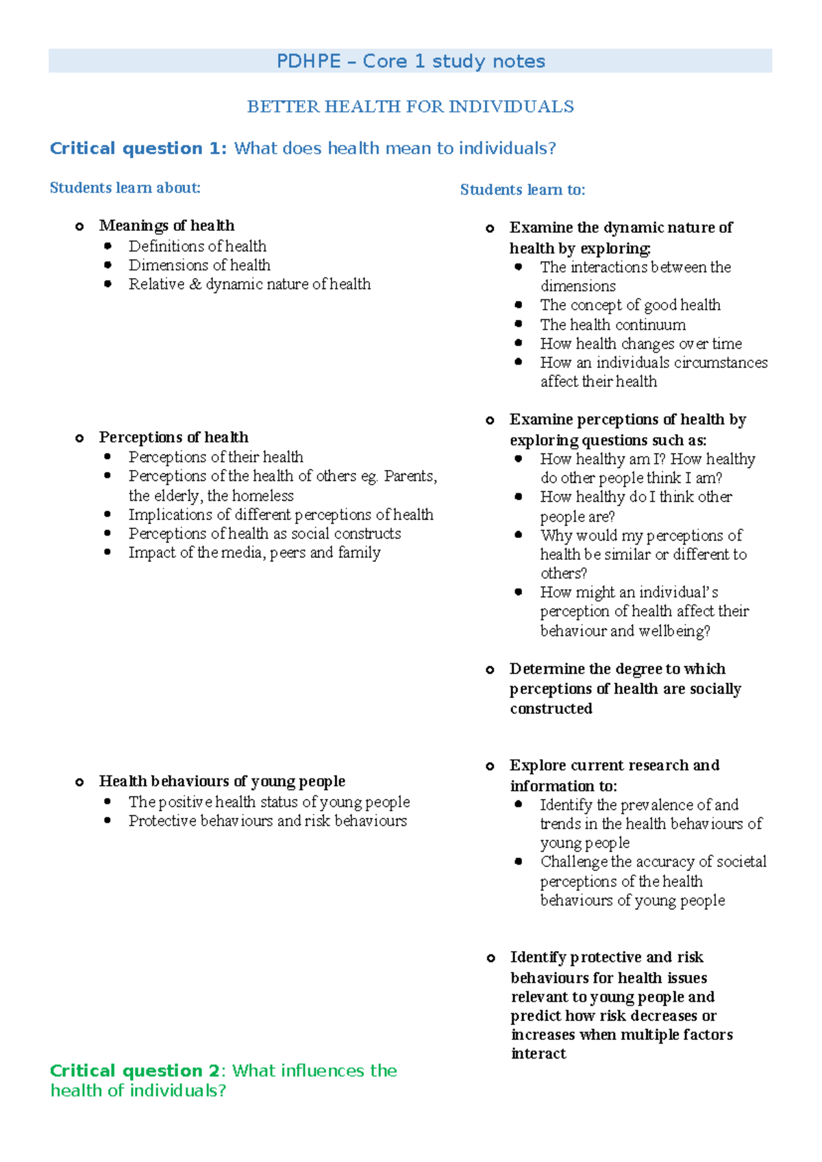 Pdhpe Core 1 Study Notes: Understanding Health & Its Influences - Studocu