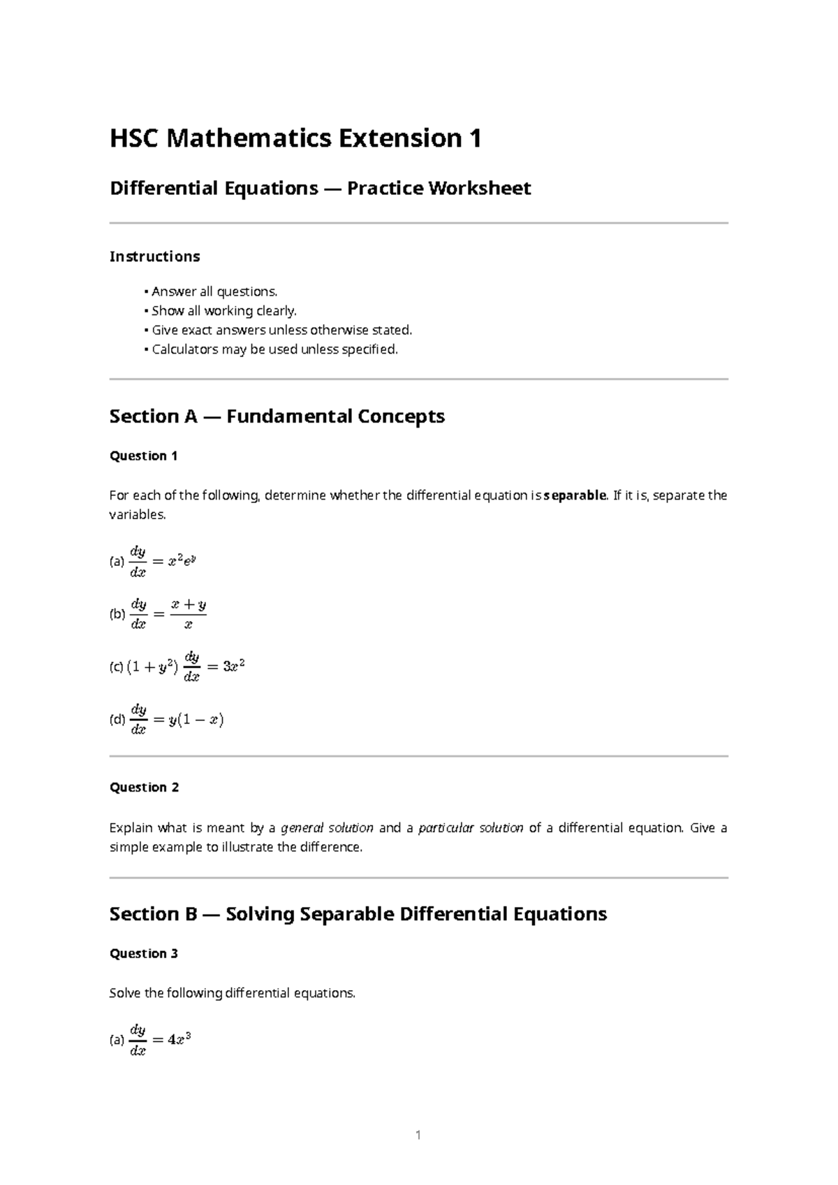 HSC Mathematics Extension 1 - Differential Equations Practice Worksheet ...