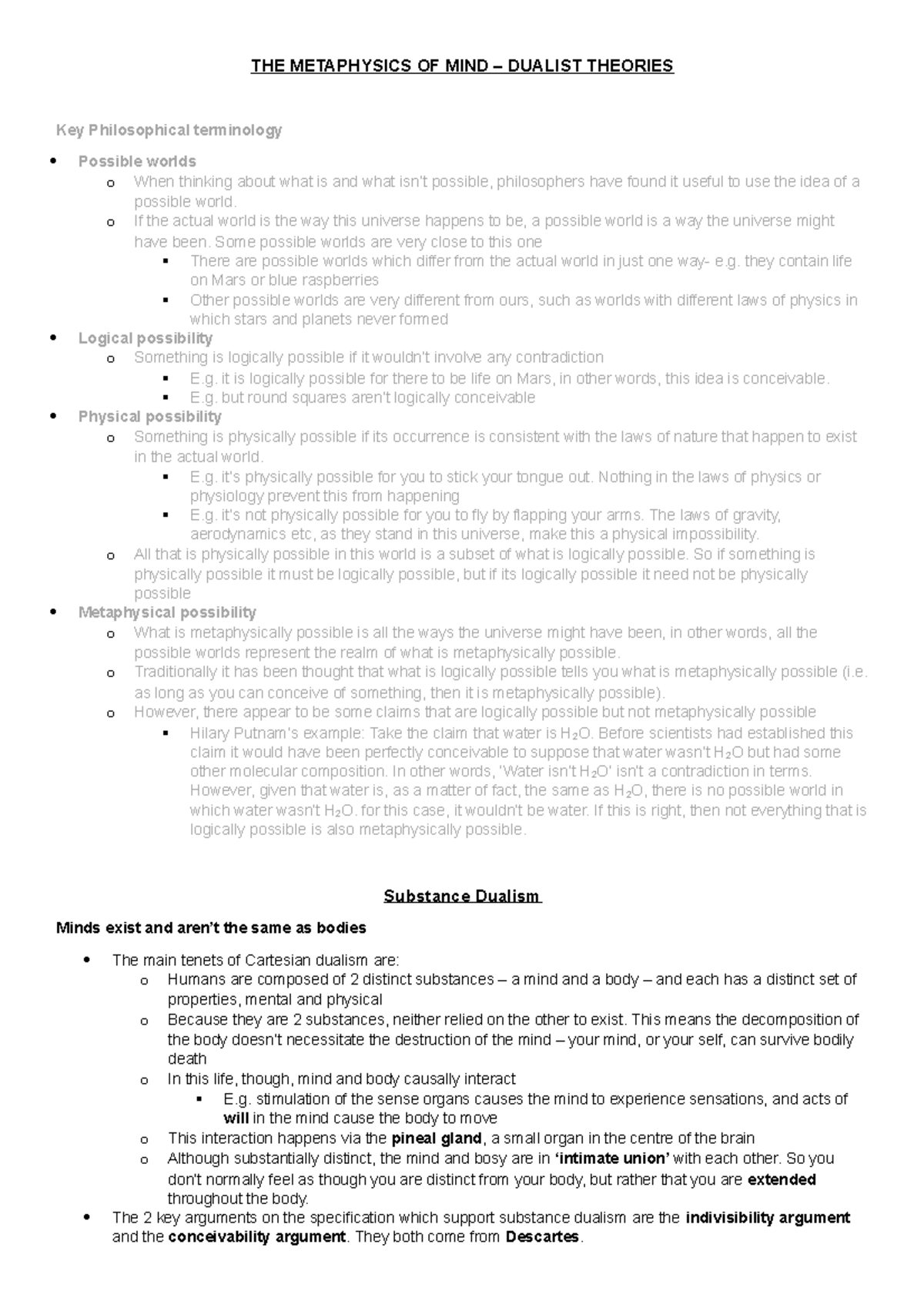 Revision Guide 2: Exploring Dualist Theories in Metaphysics of Mind ...