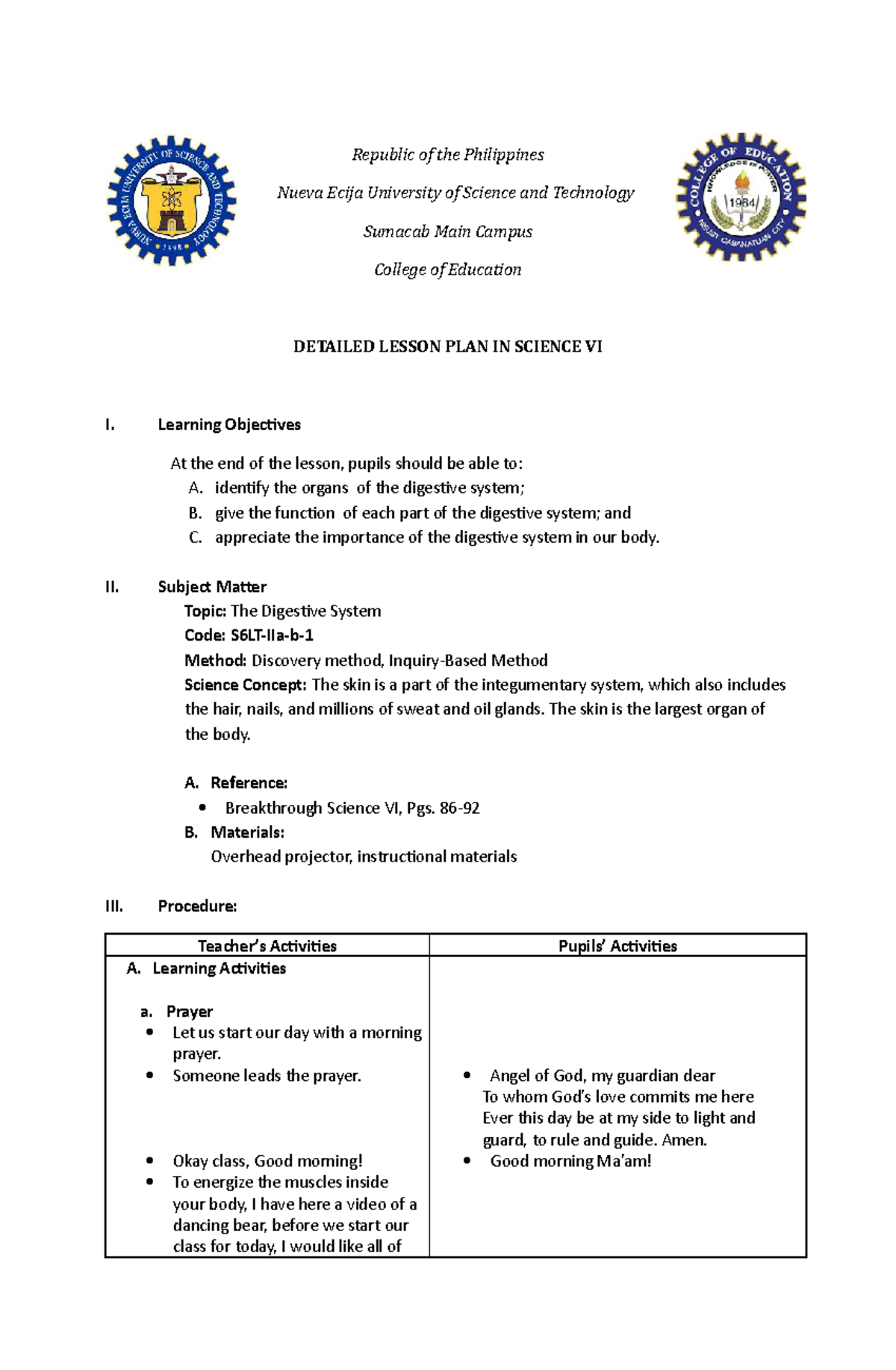 Sample Daily lesson plan for Grade 6 students - The Digestive System ...