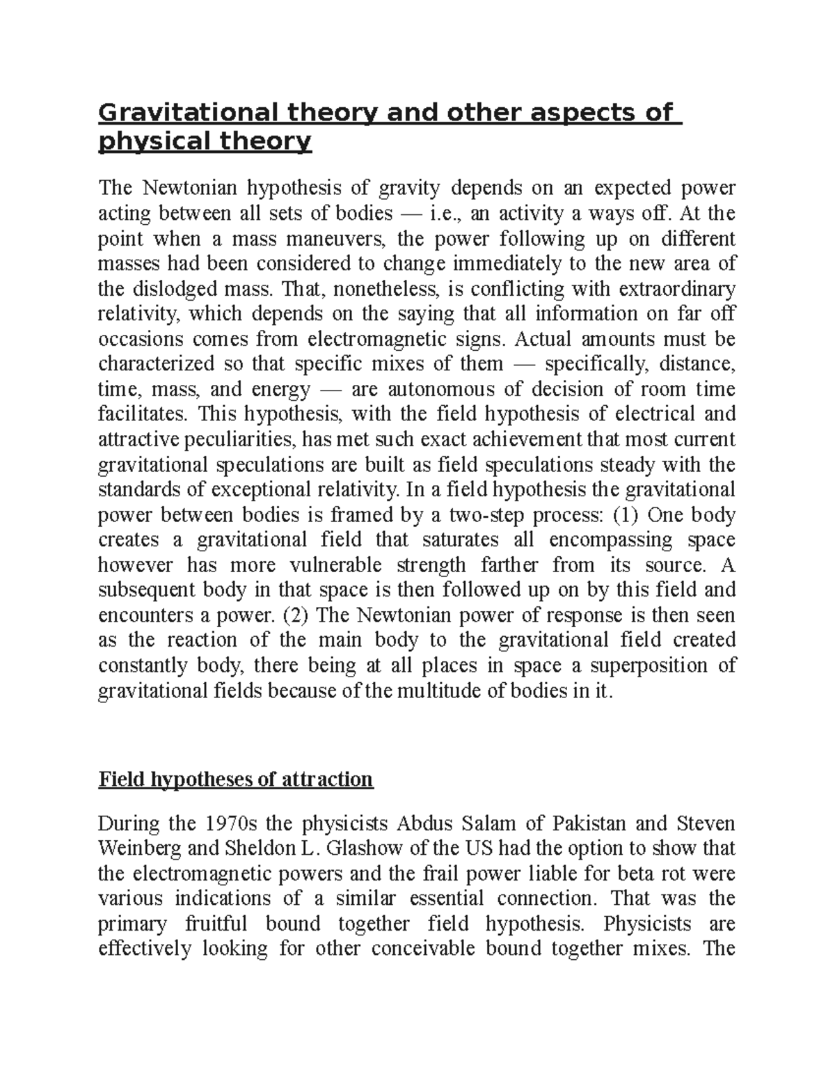 Gravitational theory and other aspects of physical theory ...