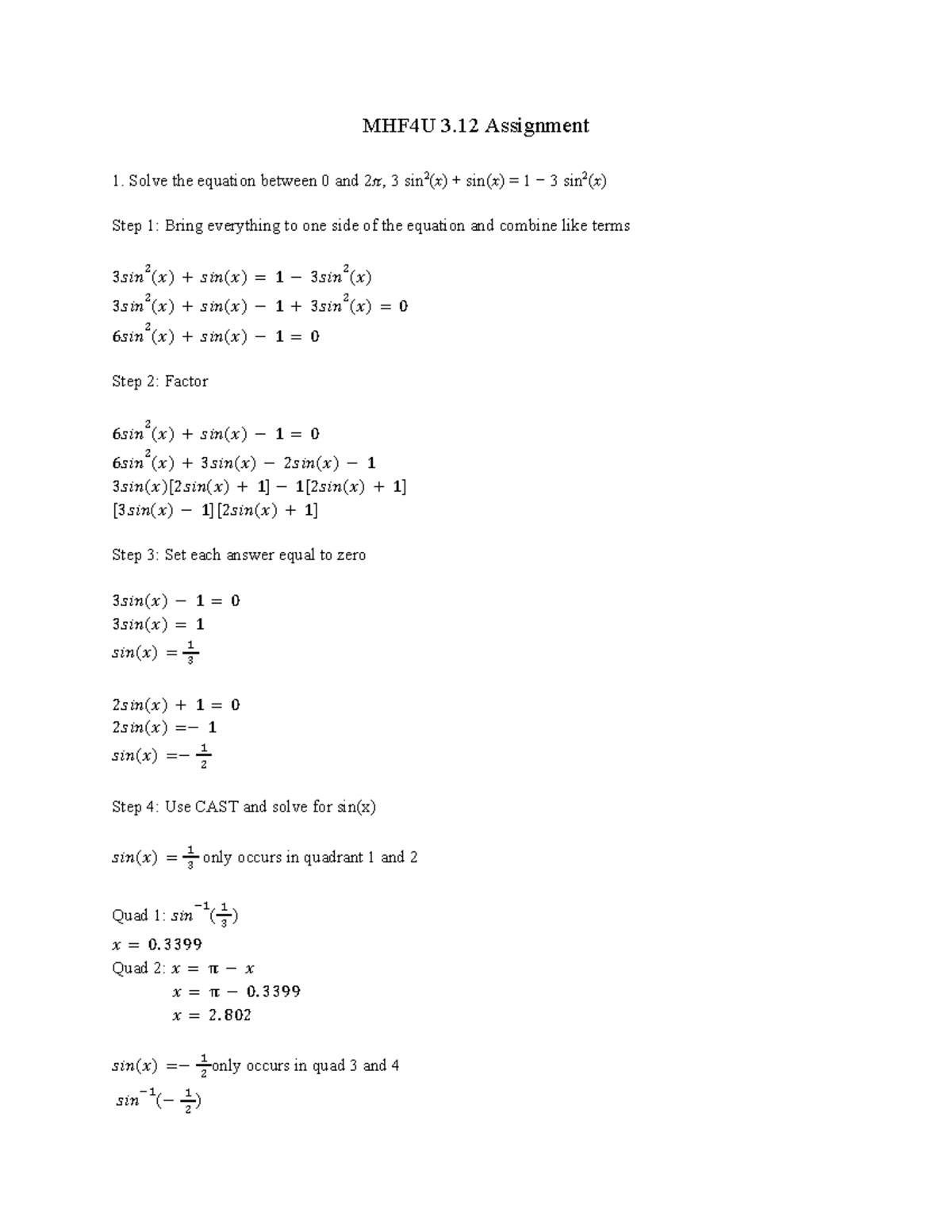 MHF4U 3.12 Assignment 1: Solving Trigonometric Equations and ...