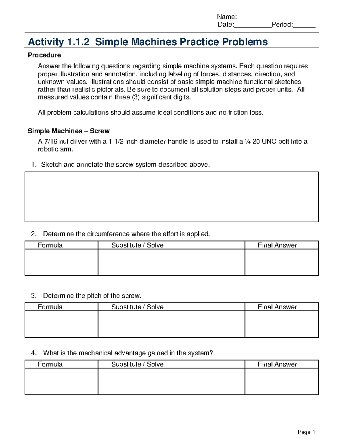 1.1.2f Simple Machines: Screw Practice Problems by Dave D. Durocher ...