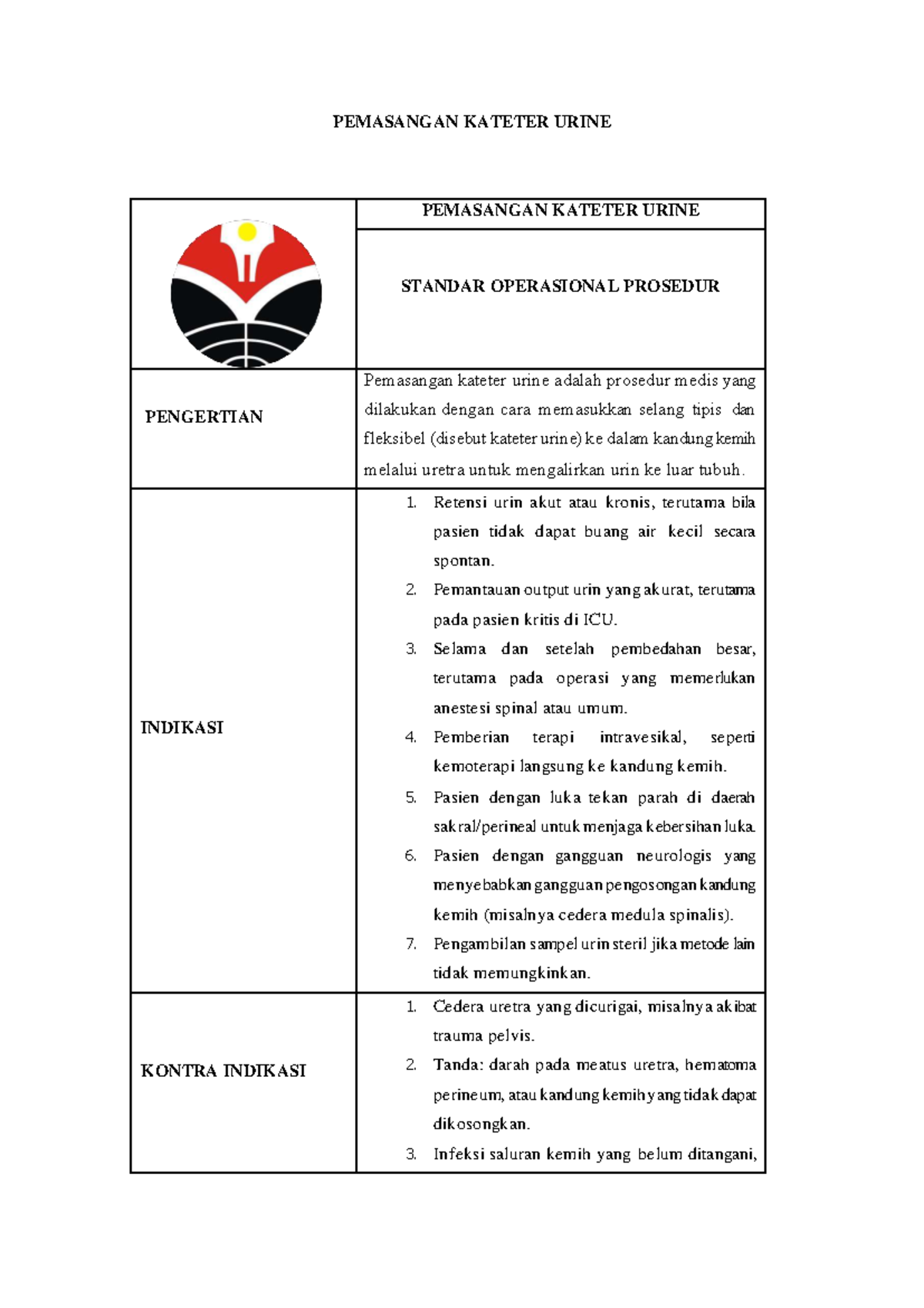 SOP Pemasangan Kateter Urine: Panduan Lengkap untuk Praktik Medis - Studocu