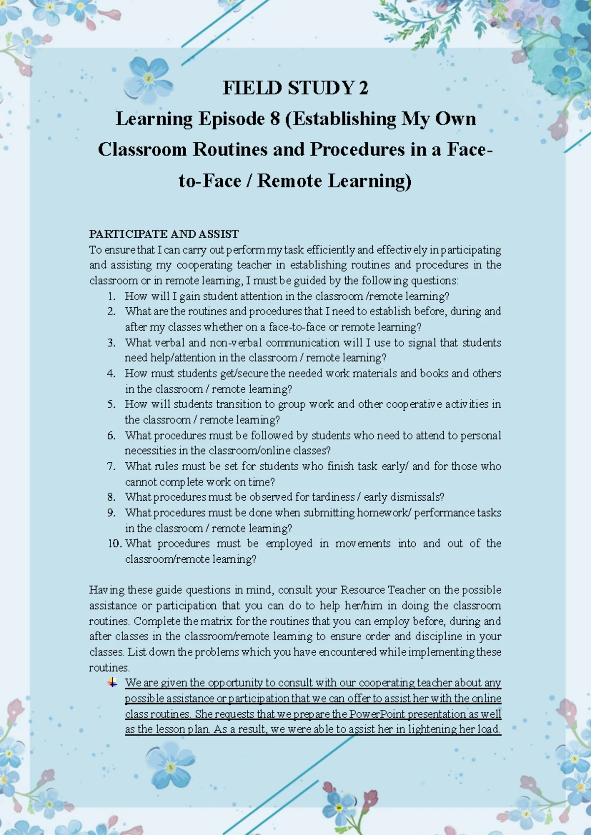 Field Study 2 Learning Episode 2 - FIELD STUDY 2 LEARNING EPISODE 2 (EMBEDDING ACTION RESEARCH ...
