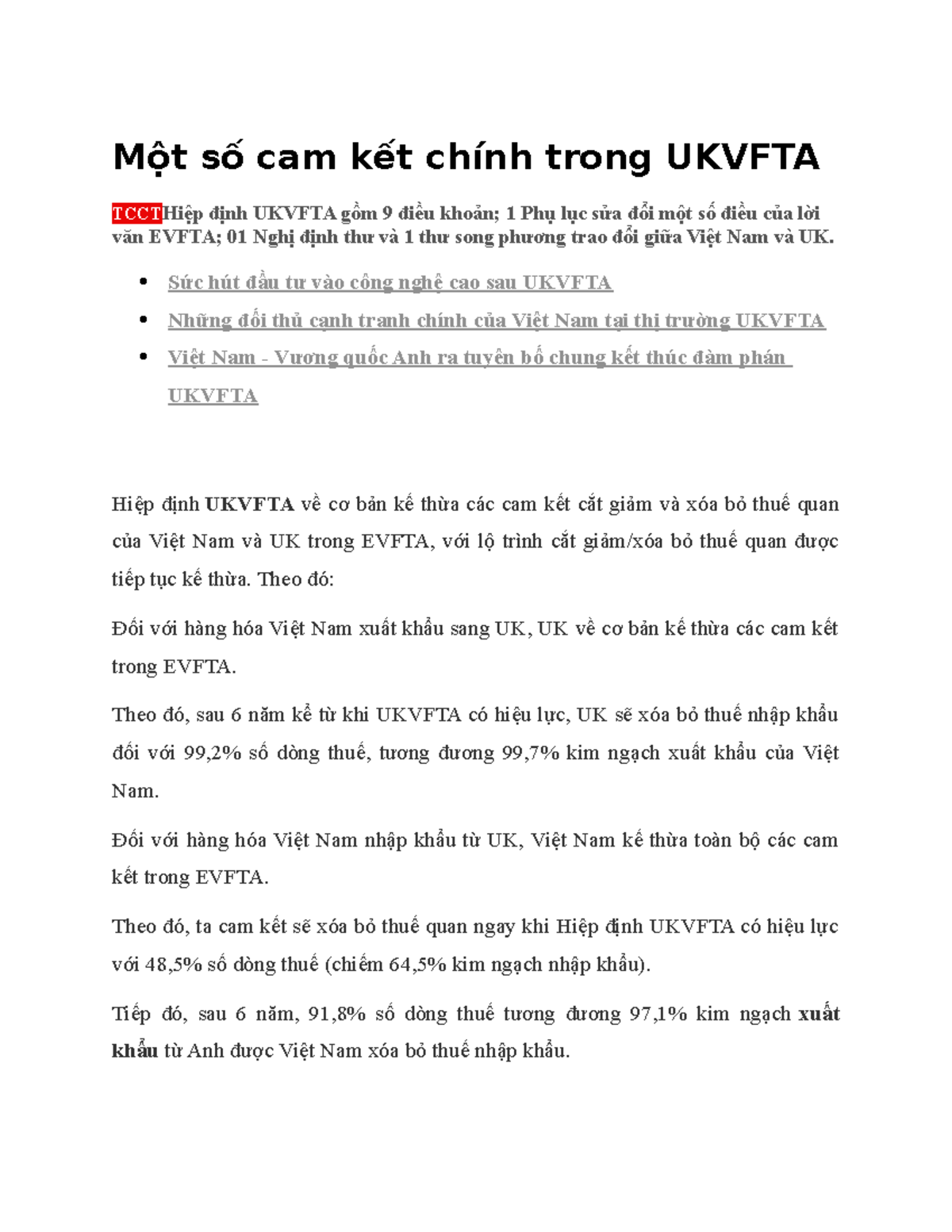 Một số cam kết chính trong Ukvfta - Một số cam kết chính trong UKVFTA ...