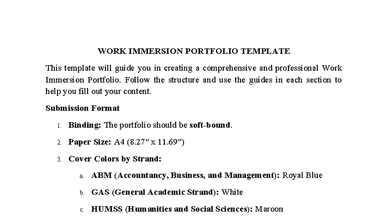 WORK IMMERSION PORTFOLIO TEMPLATE Guide for ABM, GAS, HUMSS, TVL ...