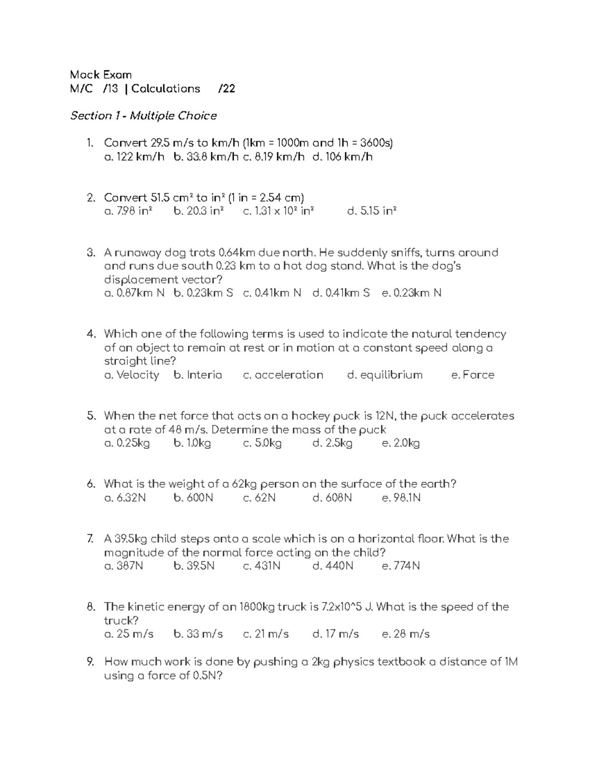 Physics Midterm Review - Mock Exam M/C /13 | Calculations / Section 1 ...