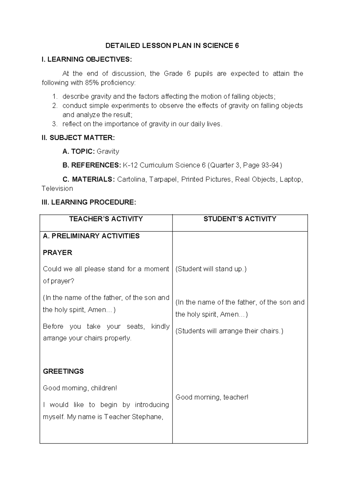 Detailed Lesson Plan on Gravity - Science 6 Class - Studocu