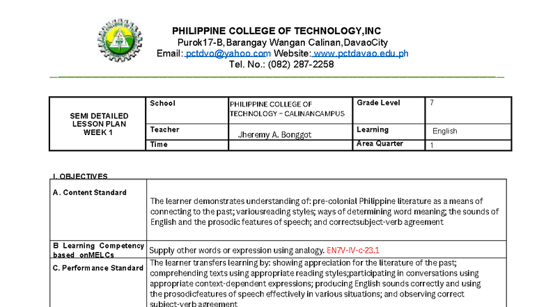 SEMI DETAILED LESSON PLAN: ANALOGY - GRADE 7 (Q1) - Studocu