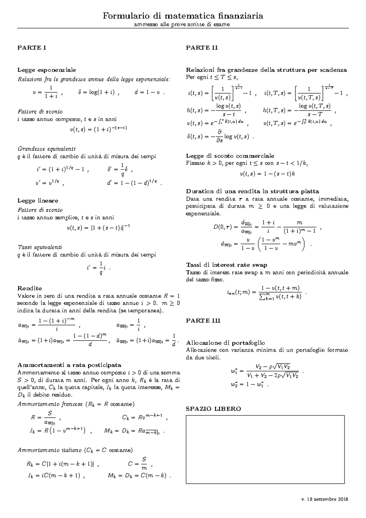 Formulario di Matematica Finanziaria - Esame PARTE I e II - Studocu