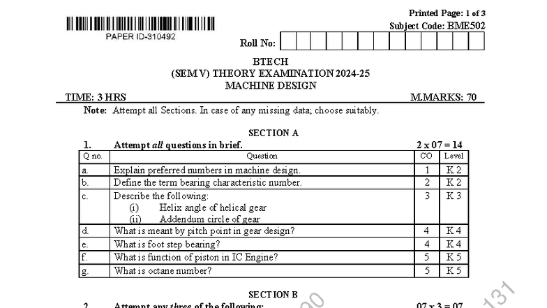 BME502 BTECH (SEM V) Theory Exam: Machine Design Previous Year ...