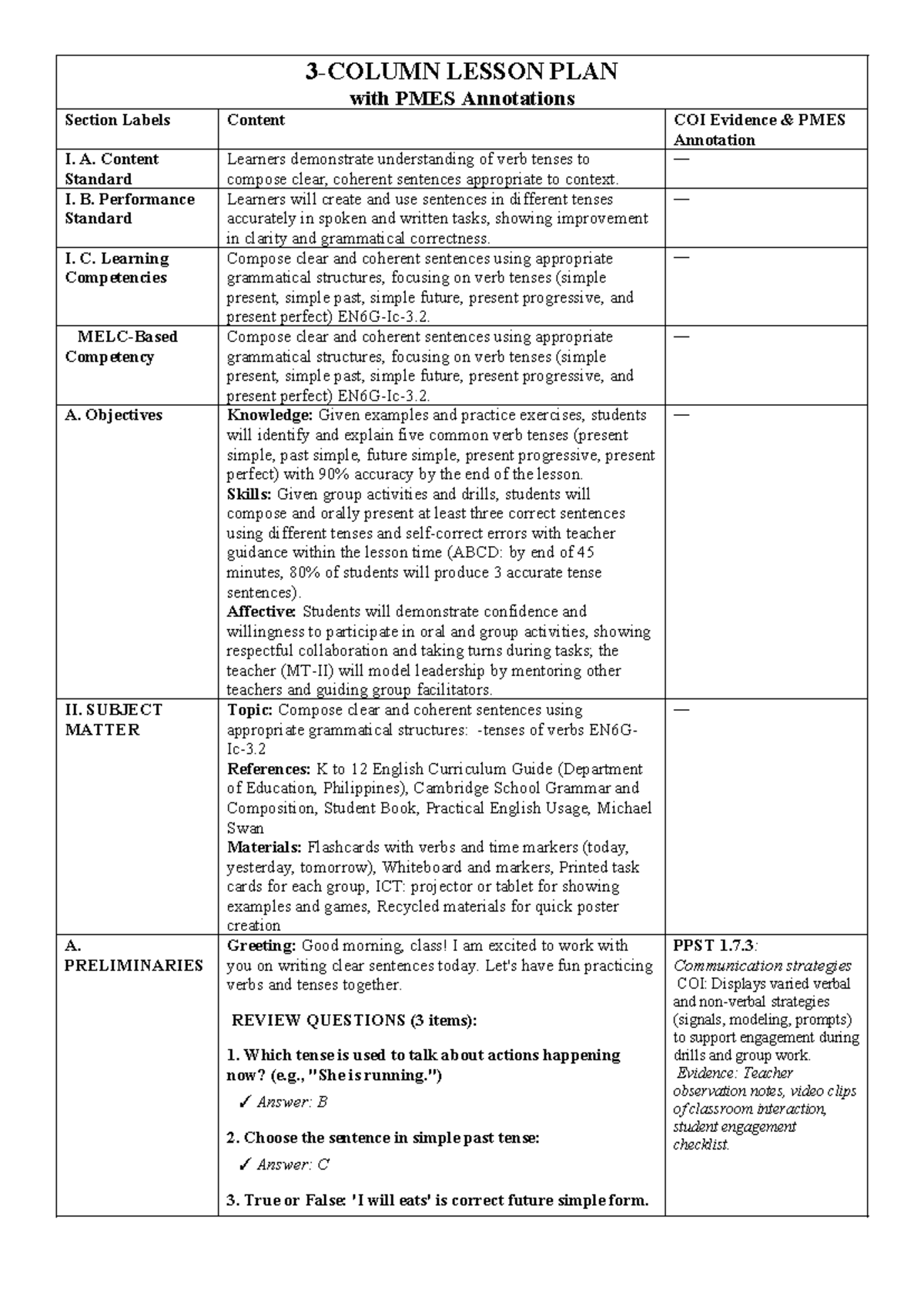 Grade 6 English Lesson Plan: Mastering Verb Tenses with PMES ...