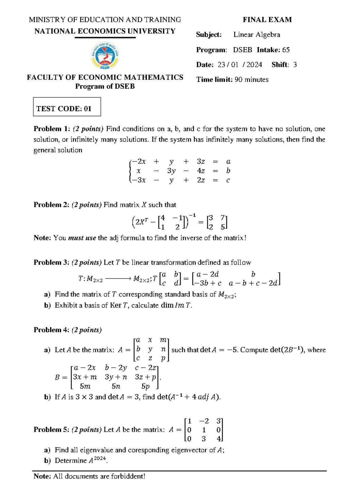 DSEB 65 Final Exam: Linear Algebra Problems and Solutions - Studeersnel