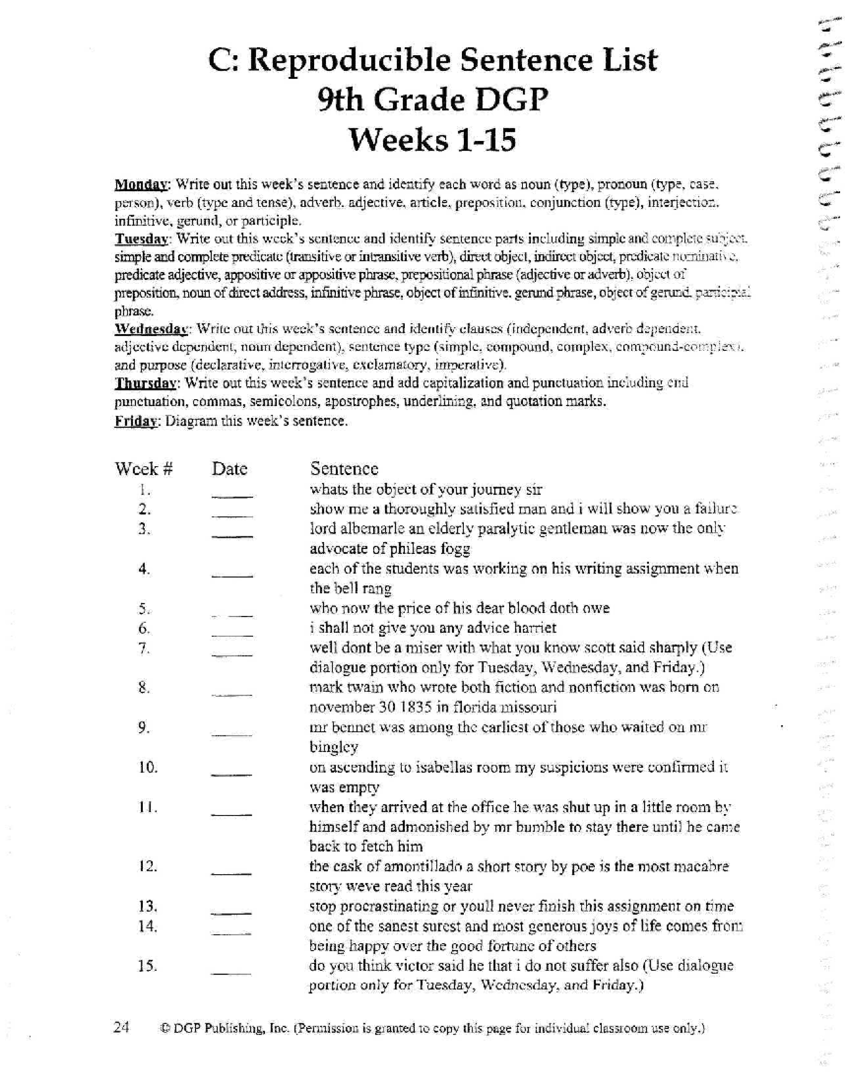 English 1 DGP Weekly Sentence List - C: Reproducible Sentence List 9th ...