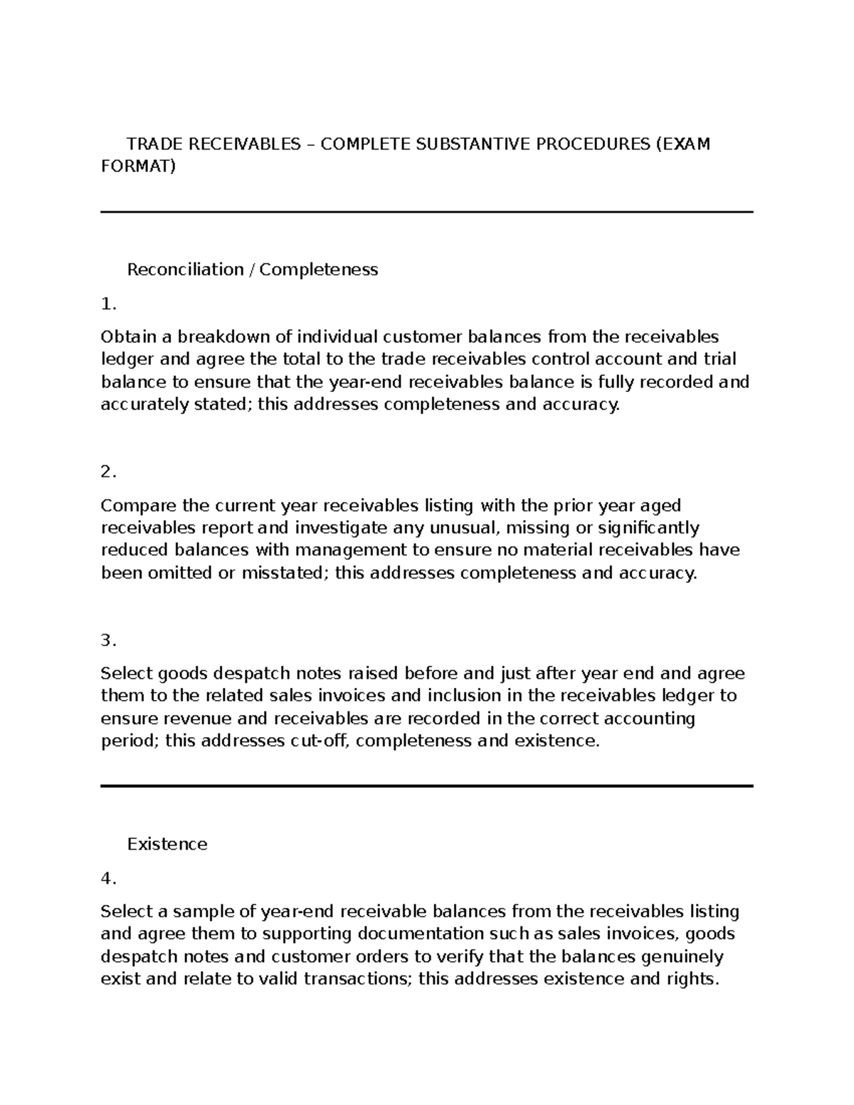 TRADE RECEIVABLES SUBSTANTIVE PROCEDURES (EXAM FORMAT) - Studocu