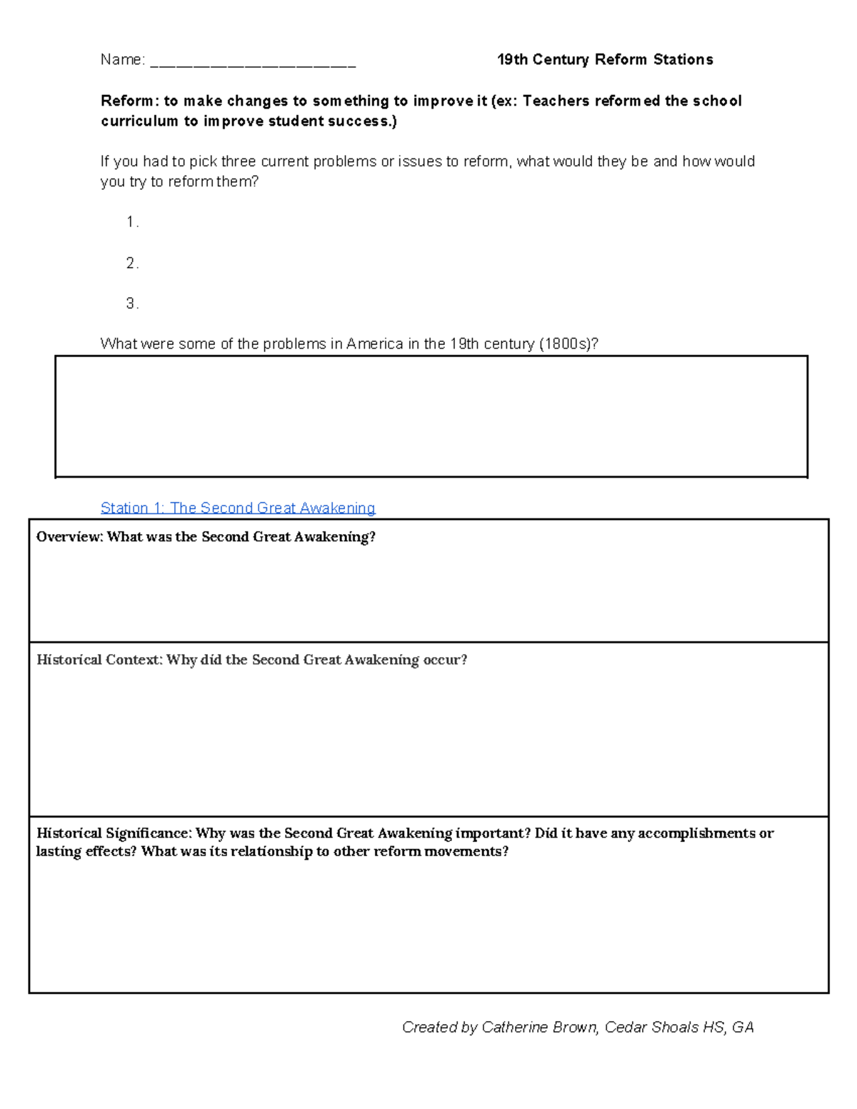 Reform Stations Handout - Reform: to make changes to something to ...
