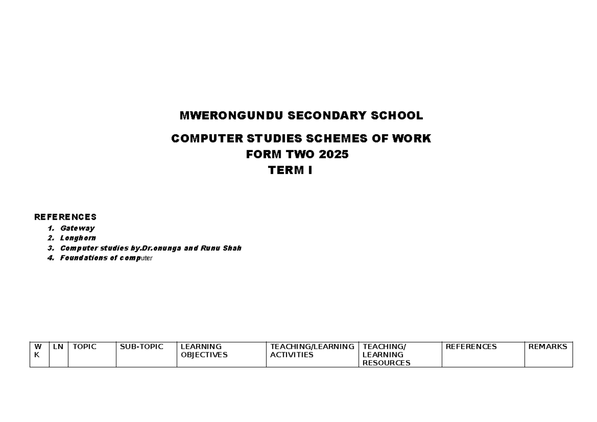 MWERONGUNDU SECONDARY SCHOOL COMPUTER STUDIES SCHEMES OF WORK FORM TWO ...