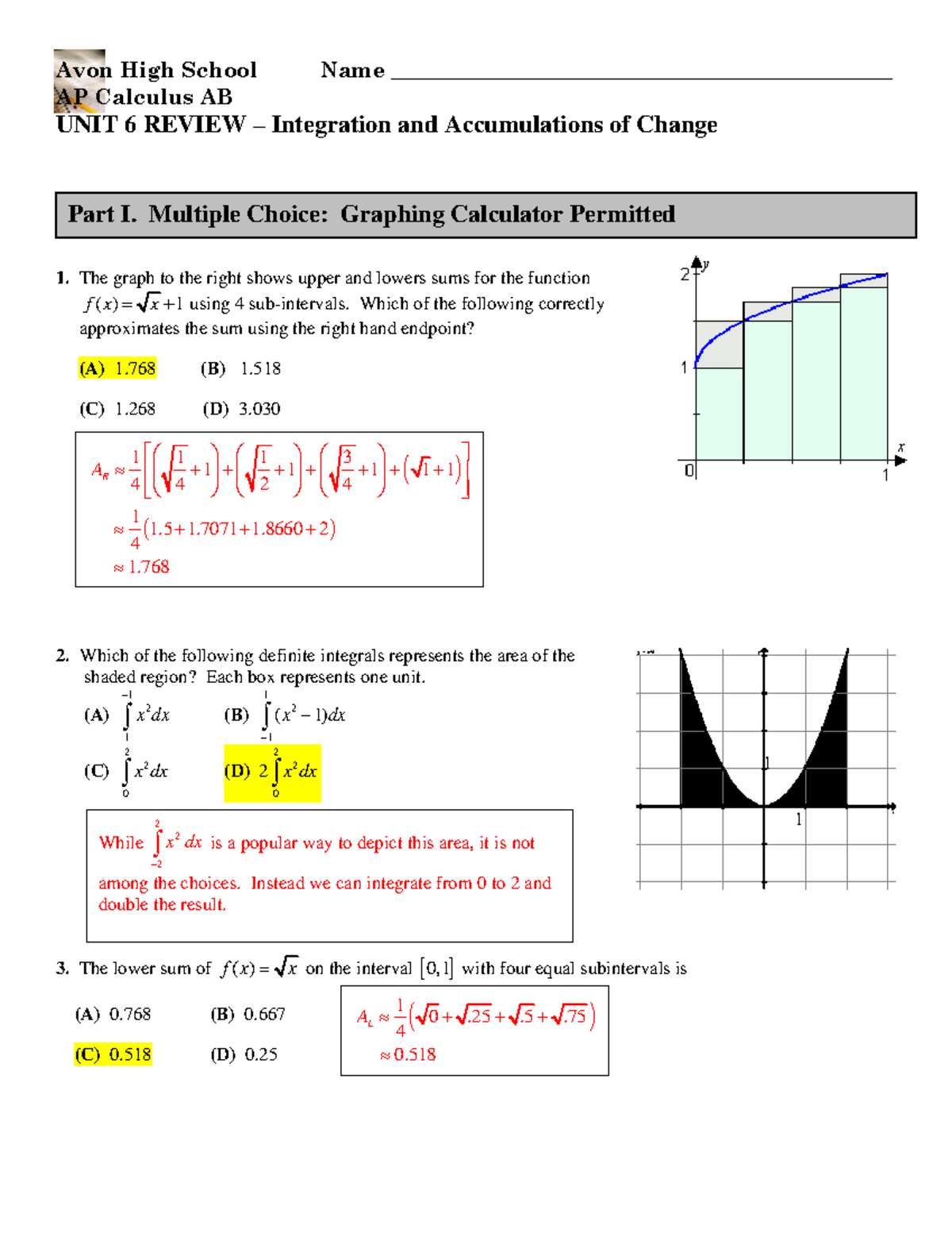 AP Calculus AB UNIT 6 REVIEW: Integration & Accumulations of Change ...