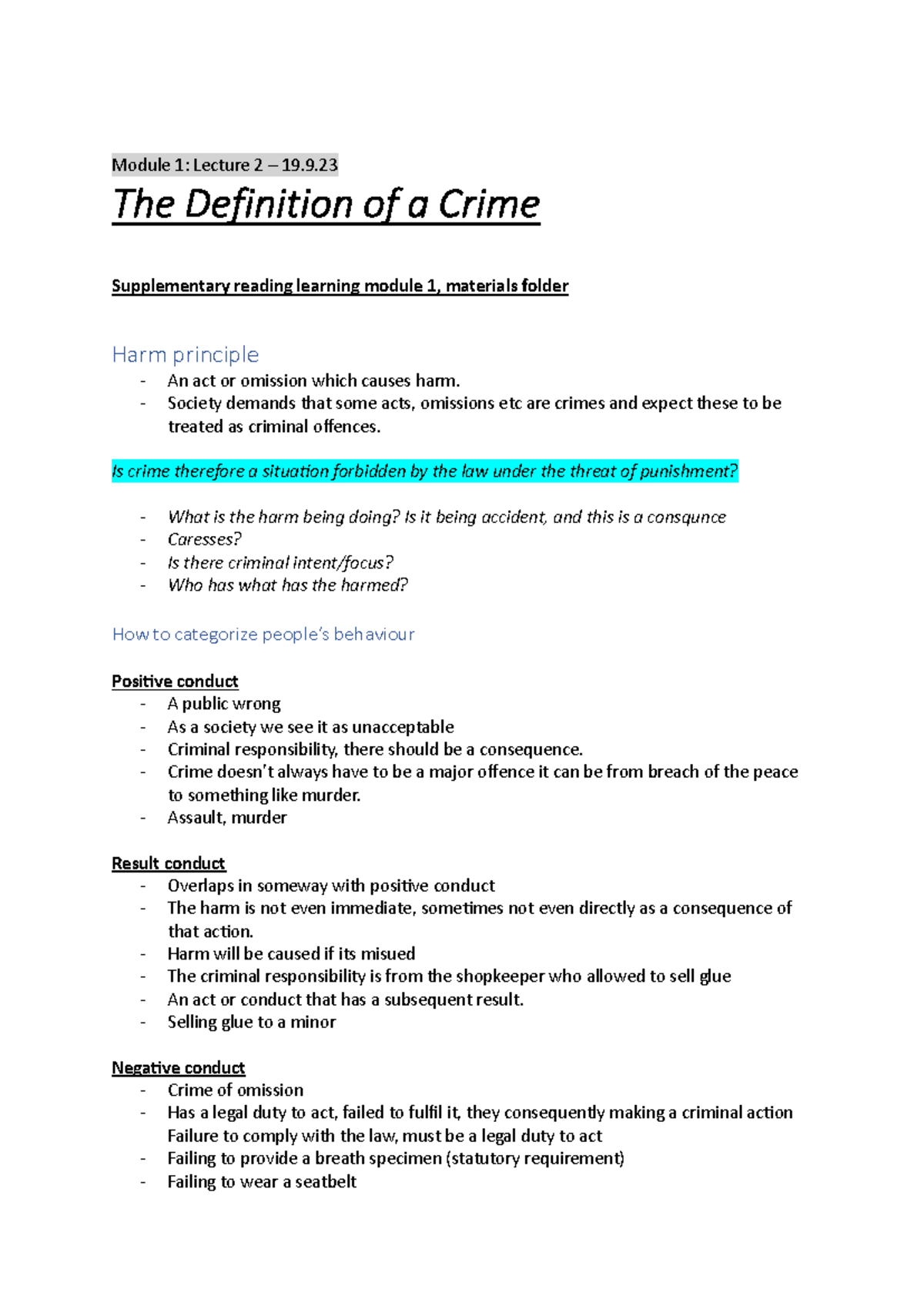 Module 1: Lecture 2 - Understanding the Definition of a Crime - Studocu