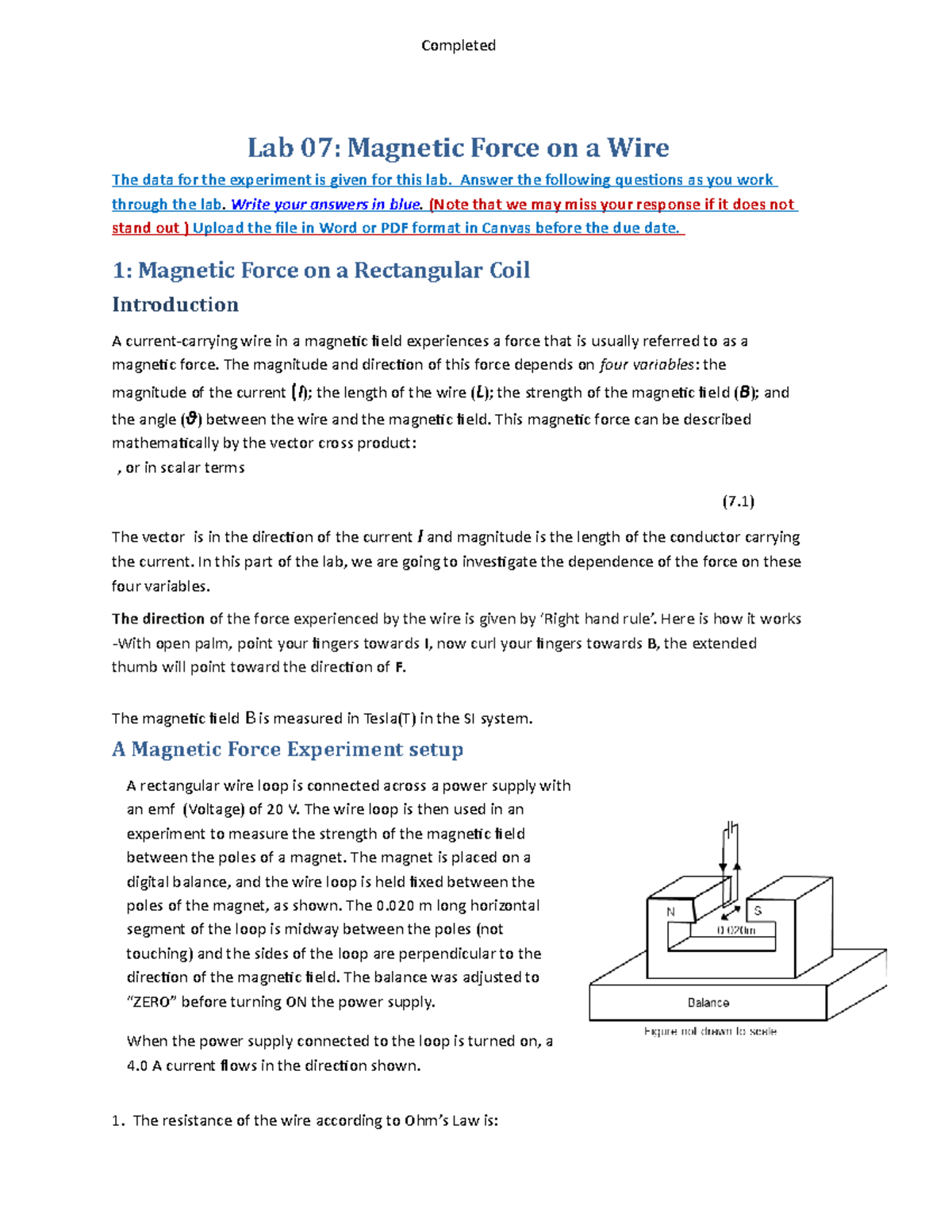 Lab 07: Magnetic Force Experiment on a Rectangular Wire - Studocu