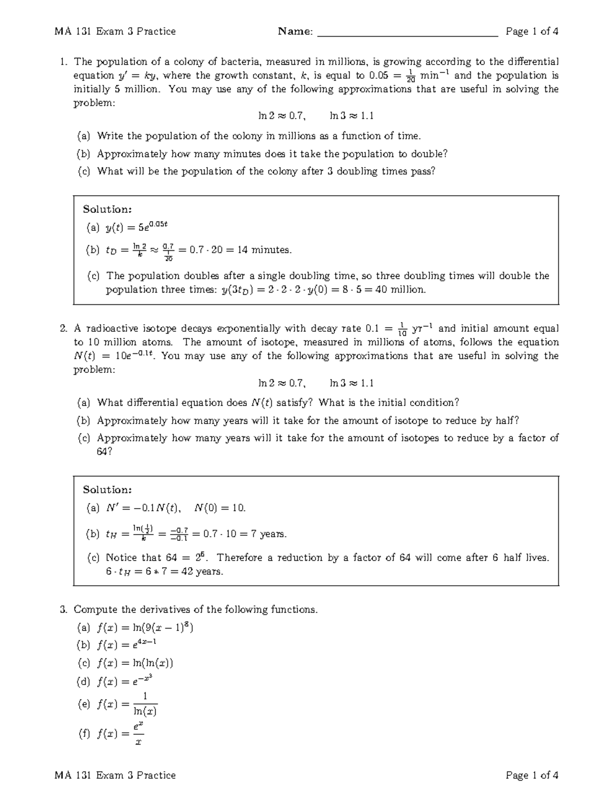 MA 131 Exam 3 Practice: Differential Equations & Calculus Solutions - Studocu