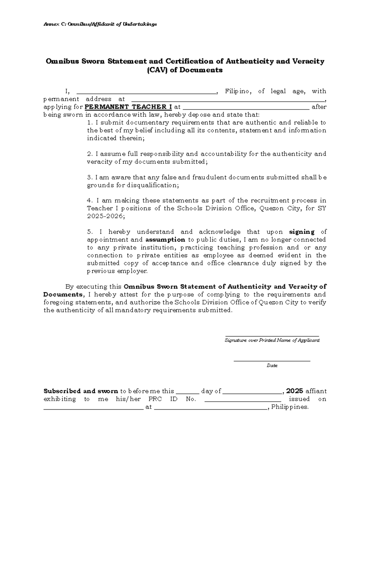 Annex C: Omnibus Sworn Statement for Teacher I Application - Studocu