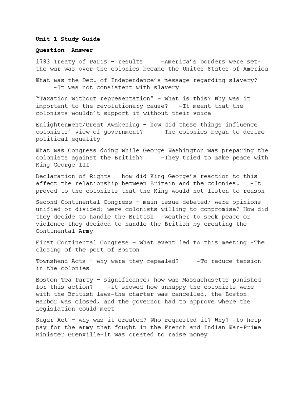 Unit 1 Study Guide: The Road to American Independence - Studocu